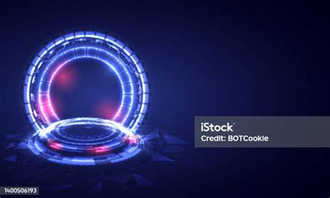 포털 및 홀로그램 과학 미래 빛나는 Hud 프로젝터의 공상 과학 디지털 하이테크 서클 텔레포트 연단과 기자를위한 무대 Gui 및 Ui 가상 현실 제품을 보여주는 배경 Sf