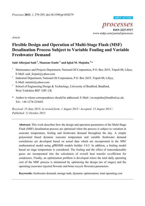 Pdf Flexible Design And Operation Of Multi Stage Flash Msf Desalination Process Subject To