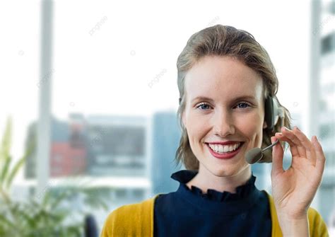 Woman Customer Service Rep Smiling In Office Setting Photo Background