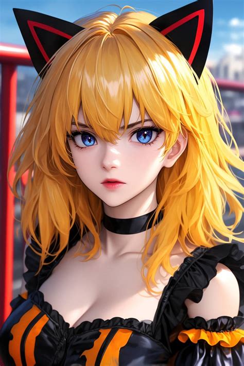 A Cat Girl With Cat Ears Blonde Hair Blue Eyes And Bright Makeup