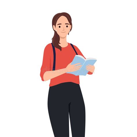 Happy Modern Young Woman Reading Book Standing Stock Illustration