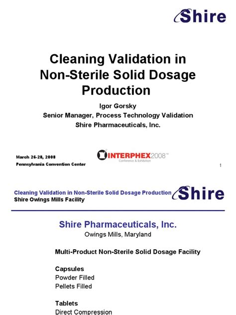 Cleaning Validation In Non Sterile Solid Dosage Production A