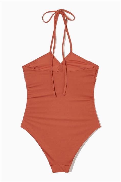 Cos Ruched Halterneck Swimsuit In Burnt Orange Endource