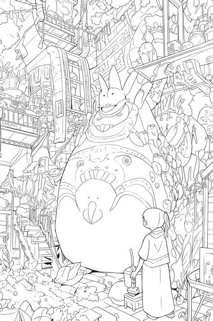 Premium Photo A Coloring Page Of A Giant Totoro In A Room With A Lot