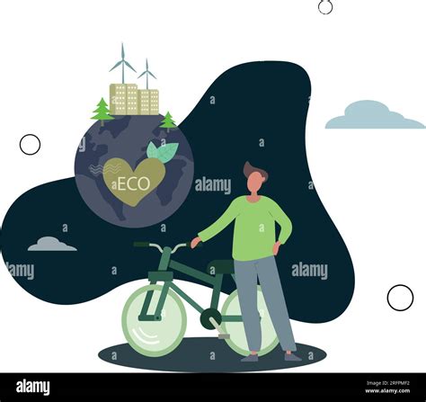Sustainable Environment And Ecological Society Lifestyle Character Man With Bicycle Flat Vector