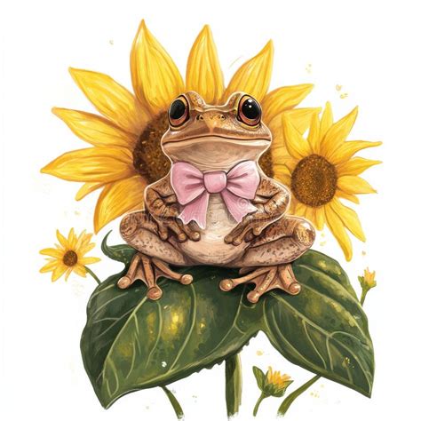 A Curious Frog With A Small Pink Bow Sits On A Sunflower Leaf