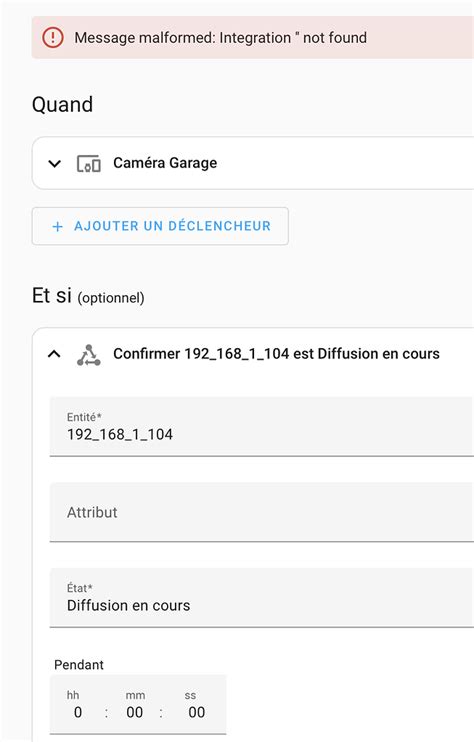 Automatisation Caméra Message Derreur Malformed Integration Not