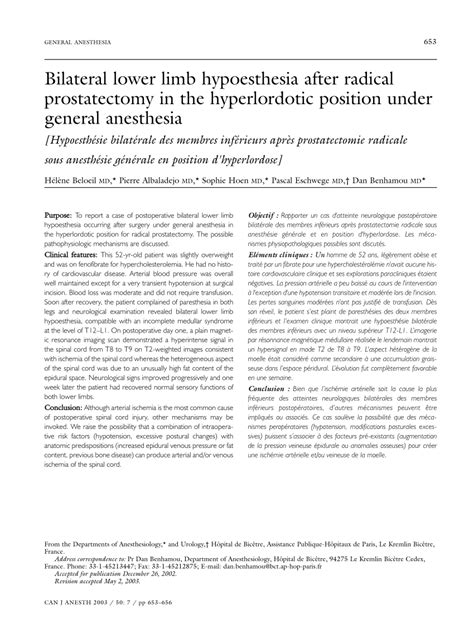 Pdf Bilateral Lower Limb Hypoesthesia After Radical Prostatectomy In