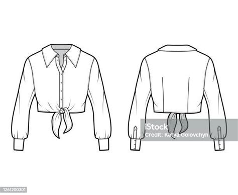 크롭 타이 프론트 셔츠 테크니컬 패션 일러스트와 오버사이즈 칼라 긴 소매 0명에 대한 스톡 벡터 아트 및 기타 이미지 0명 검은색 공란 Istock