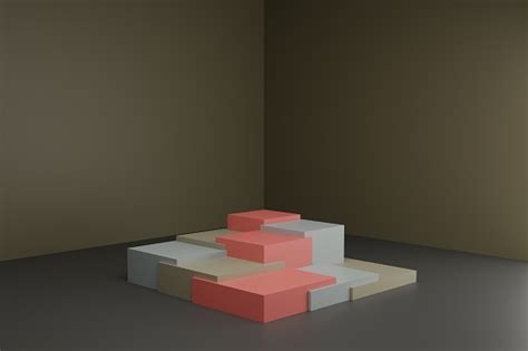 차분한 파스텔 색상의 사각형 연단과 3d 모델링 장면 간단한 기하학적 요소로 빈 쇼케이스 모형 화장품 프레젠테이션을 위한 빈