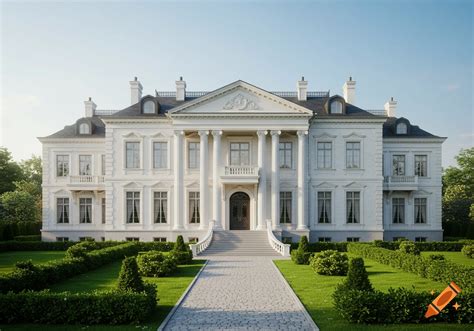 Realistic Rendering Of A Large White Elegant Mansion With A Garden Path