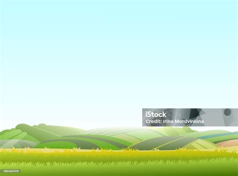 봄 육즙 초원 푸른 하늘 잔디와 과수원 농부 언덕과 농촌 풍경 귀여운 재미있는 만화 디자인 플랫 스타일 벡터 개념에 대한 스톡 벡터 아트 및 기타 이미지 Istock