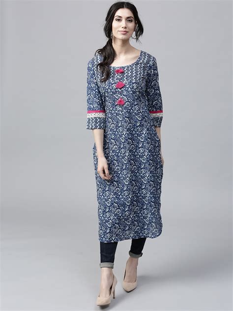 Buy Aks Women Navy And Off White Printed Straight Kurta Kurtas For