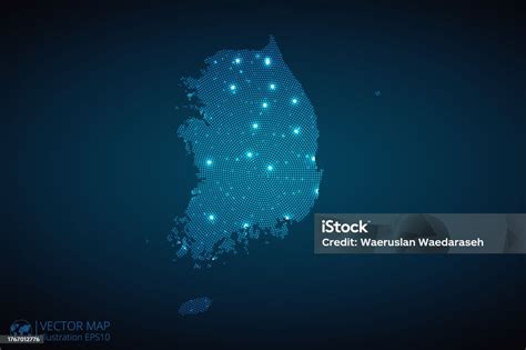 미래 지향적 인 스타일의 방사형 점선 패턴 별들로 만든 파란색 원 빛나는 윤곽선을 디자인하는 한국지도 진한 파란색 배경에 대한