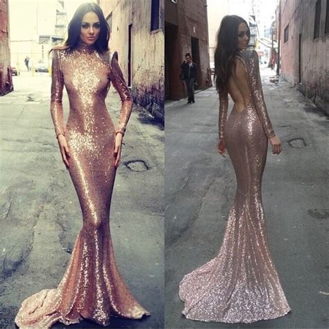 Long Sleeve Mermaid Prom Dress Rose Gold Prom Dresses Sequin Prom