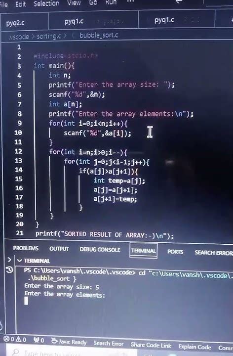 Bubble Sort Algorithm Example In C Language Dsa Codecoding Vscode