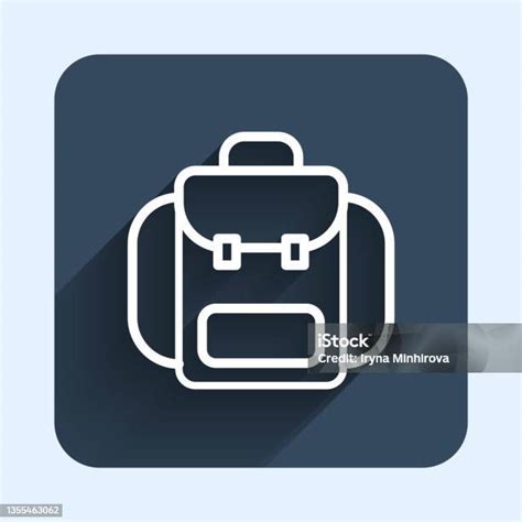 긴 그림자 배경으로 격리 된 화이트 라인 하이킹 배낭 아이콘 캠핑과 산을 탐험 하는 배낭 파란색 정사각형 버튼 벡터 가방에 대한 스톡 벡터 아트 및 기타 이미지 Istock