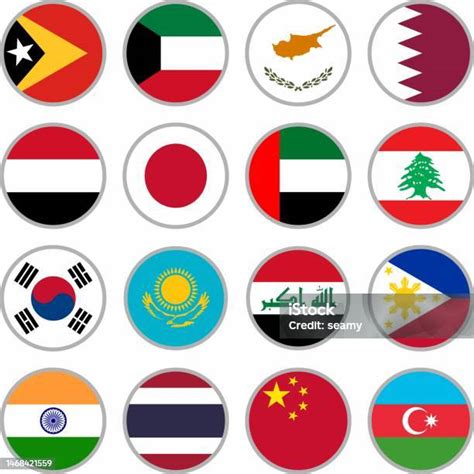 아시아 국기 아이콘 벡터 소재 세트 동티모르 쿠웨이트 키프로스 카타르 예멘 일본 아랍 에미리트 레바논 한국 카자흐스탄 필리핀