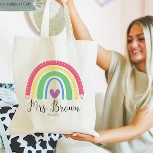 Personalized Teacher Tote Bag Custom Rainbow Teacher Tote Bag Back To