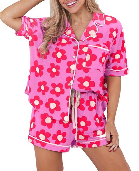 KevaMolly Womens Pajama Sets Pink Flower Print Buttoned Drawstring