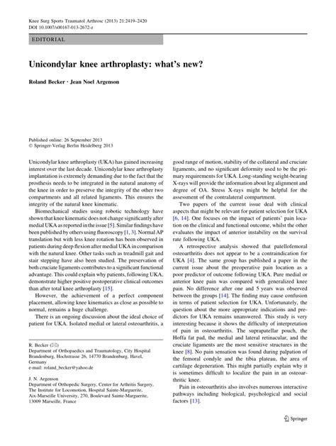 Pdf Unicondylar Knee Arthroplasty Whats New