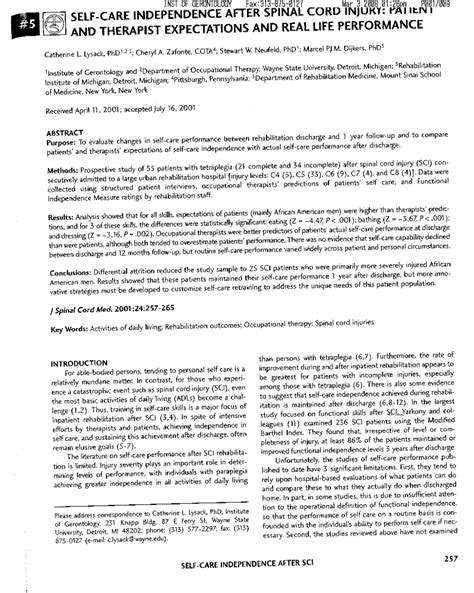 PDF Self Care Independence After Spinal Cord Injury Patient And Therapist Expectations And
