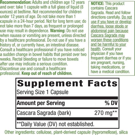 Cascara Sagrada Bark Natural Constipation Relief Non Gmo 180