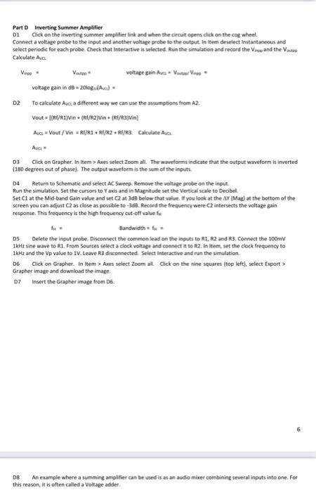 Solved Part D Inverting Summer Amplifier Di Click On The