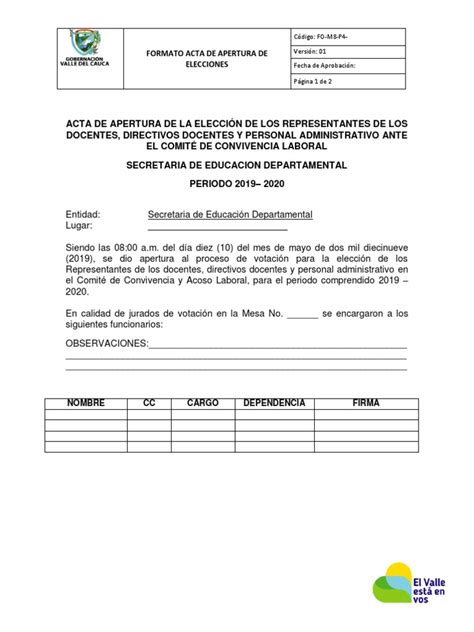 Formato Acta De Apertura De Elecciones Pdf