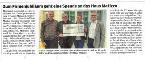 Zum Firmenjubiläum geht eine Spende an das Haus Matizzo PT Asset