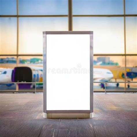 Empty Advertisement Display At Airport Terminal With Blurred Airplanes In Background Billboard