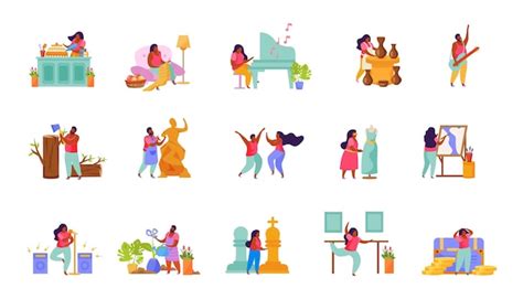 취미 평면 사람들은 다양한 여가 활동 벡터 일러스트 레이 션 동안 낙서 인간 캐릭터와 격리 된 아이콘 세트를 다시 칠 프리미엄 벡터