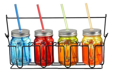 Colored Glass Mason Jars Mugs Set With Handles Lids Straws And Caddy Holder