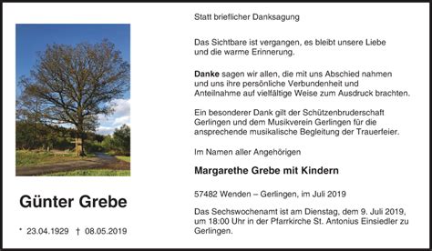 Traueranzeigen Von Günter Grebe Trauer In Nrw De