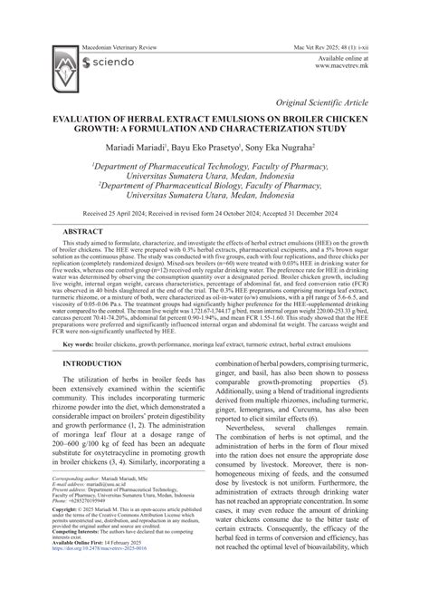 Pdf Evaluation Of Herbal Extract Emulsions On Broiler Chicken Growth A Formulation And