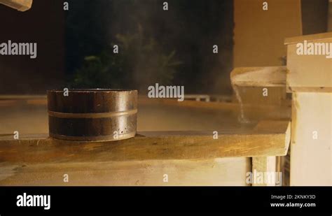 Night View Of Japanese Wooden Open Air Bath Onsen Stock Video Footage