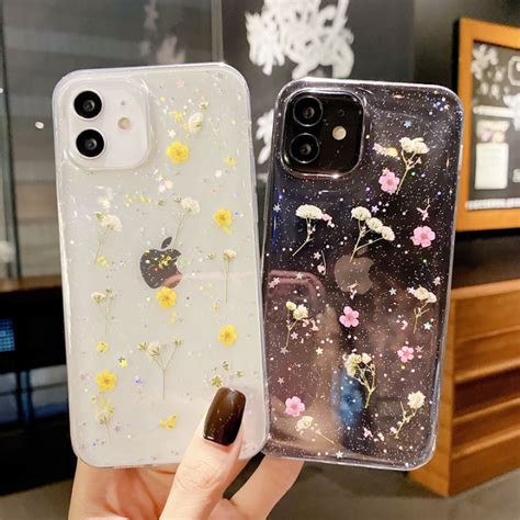 เคสนิ่มลายดอกไม้อบแห้งจริงสำหรับ Iphone 15 14 13 12 11 Pro Max Mini X