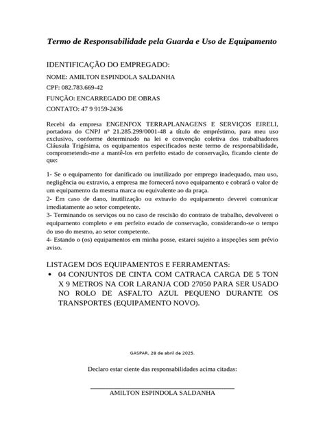 Termo De Responsabilidade Pela Guarda E Uso De Equipamento Robson
