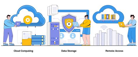 클라우드 컴퓨팅 데이터 저장 캐릭터가 있는 원격 액세스 개념 디지털 인프라 추상 벡터 일러스트레이션 세트입니다 확장성 효율성 유연한 솔루션 은유 데이터베이스에 대한 스톡