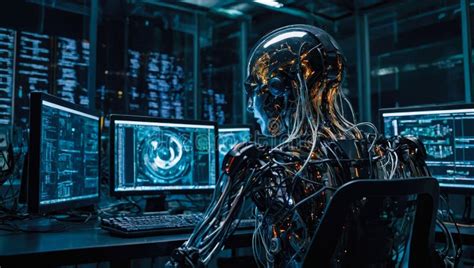 Technological Metallic Humanoid In A Server Room Working On Computer