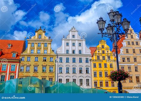 Cityscape Of Wroclaw Old Town Market Square With Colorful Historical