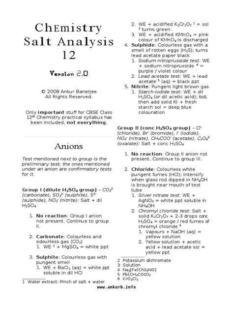 Chemistry Salt Analysis Cheatsheet Pdf Ammonium Salt Chemistry