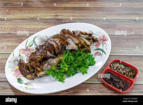 Sliced Braised Pork Trotters Chinese Style Asian Food On Table Stock