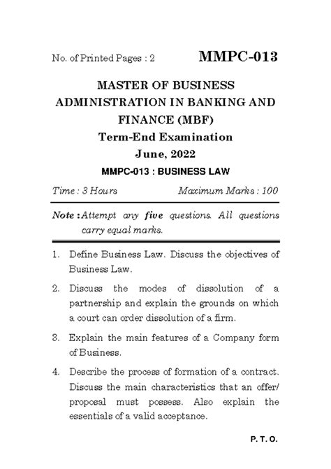 MMPC Notes P T O No Of Printed Pages MMPC MASTER OF BUSINESS ADMINISTRATION IN