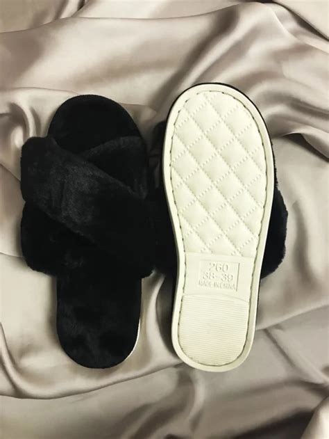 Black Fluffy Cross Strap Slippers Justyouroutfit