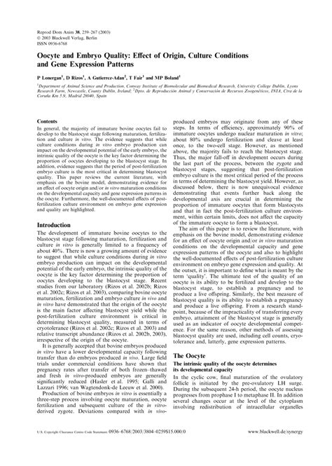 Pdf Oocyte And Embryo Quality Effect Of Origin Culture Conditions And Gene Expression Patterns