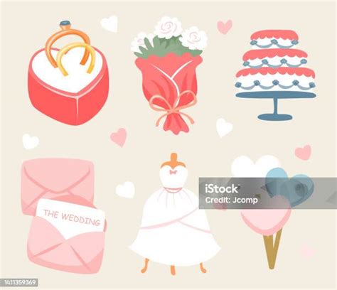 신부 액세서리 벡터는 결혼 의식 신부 드레스 꽃다발 보석 반지 케이크 풍선 초대장 카드를위한 결혼식 항목을 설정합니다 벡터 만화 설명 결혼 반지에 대한 스톡 벡터 아트 및