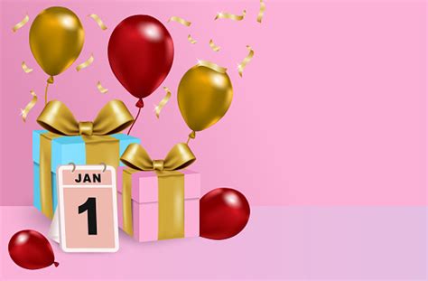 디자인 창조적 인 추상 새해 축하 황금과 빨간색 풍선 그라데이션 배경에 분홍색 파란색 및 달력 선물 상자입니다 공백 텍스트를