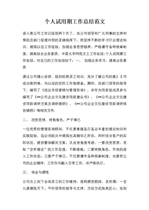个人试用期工作总结范文word模板柚墨yomoer