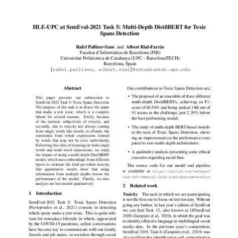 Hle Upc At Semeval 2021 Task 5 Multi Depth Distilbert For Toxic Spans